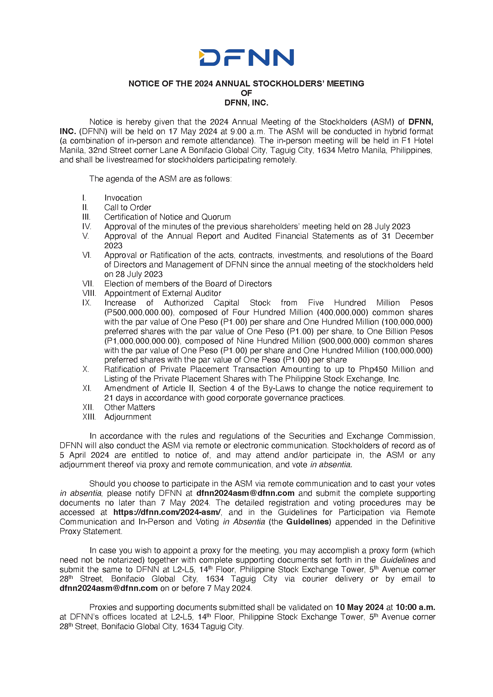 DFNN NOTICE OF ASM 2024 – DFNN, Inc.