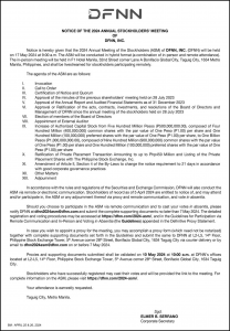 DFNN Notice of the 2024 Annual Stockholders’ Meeting (Daily Tribune, 26 ...